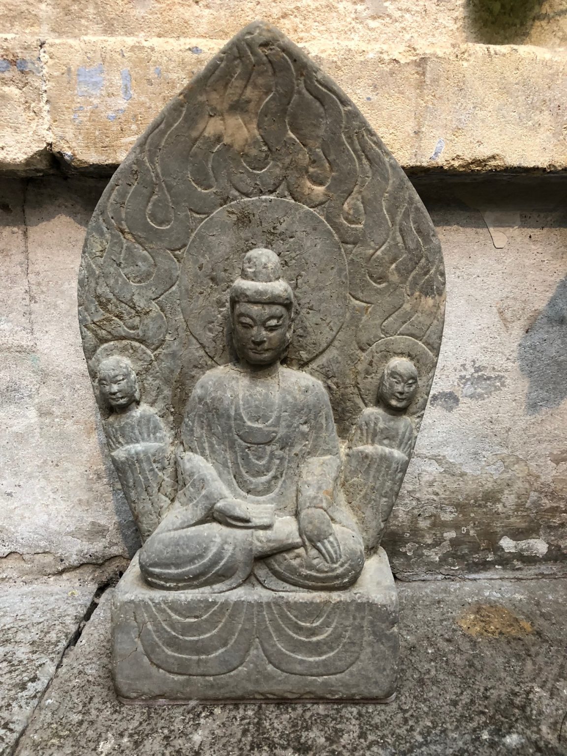 Hand Carved Limestone Seated Gautama Buddha Flanked by Two Bodhisattvas ...