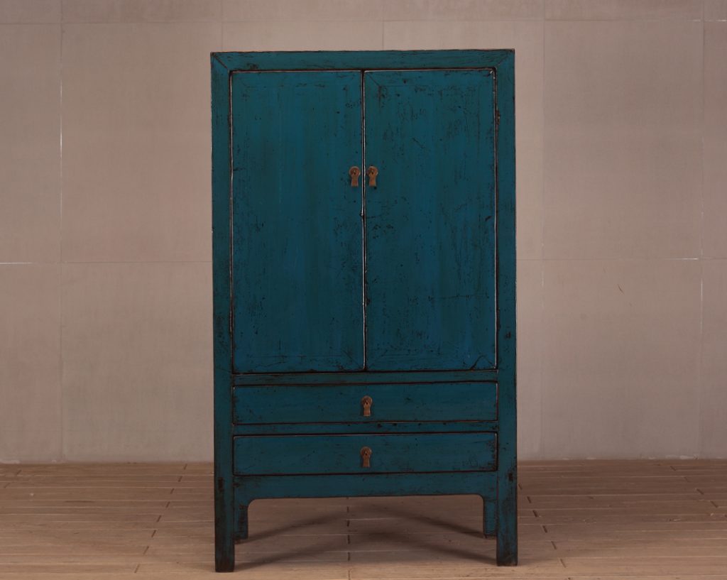 Tall Blue Lacquer 2 Door Wedding Cabinet With 2 Drawers – NookDeco
